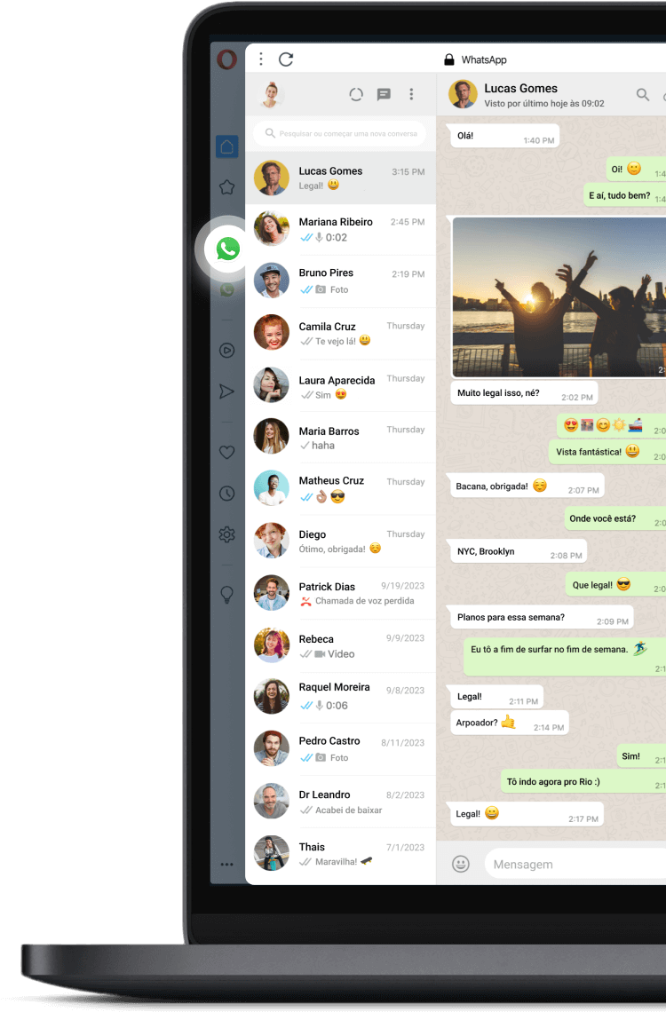 Mensageiros na barra lateral: WhatsApp, Facebook Messenger | Opera