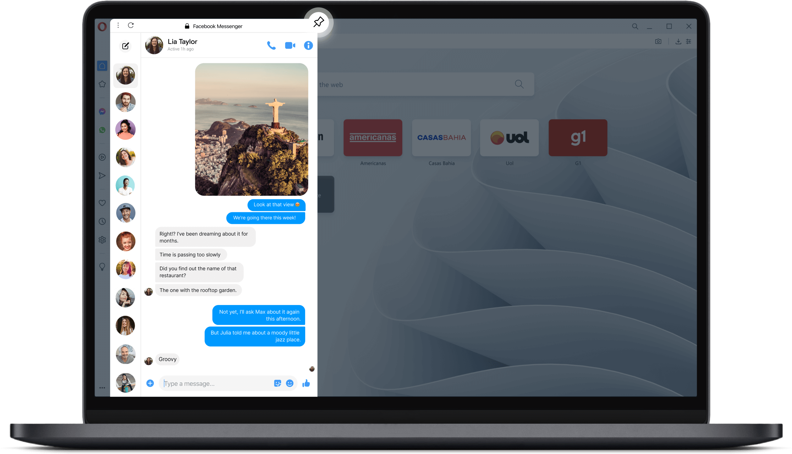 Mensageiros na barra lateral: WhatsApp, Facebook Messenger | Opera